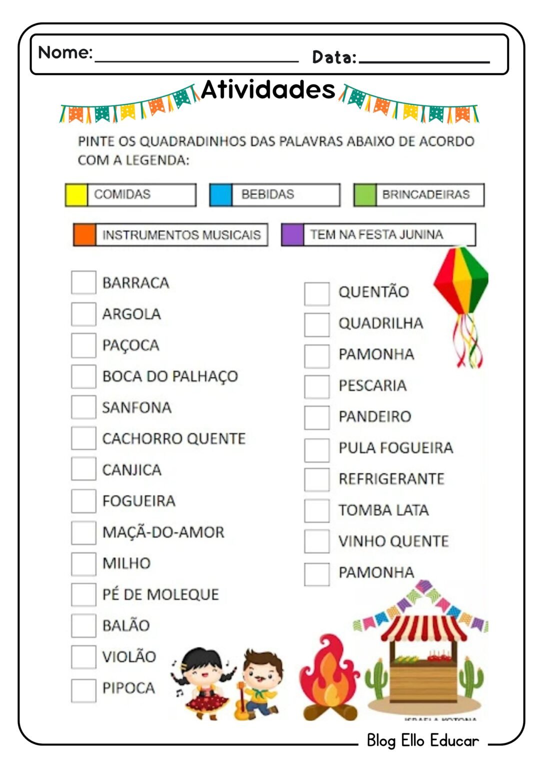 Atividades de Português sobre Festas Juninas para 1° Ano: Baixe Grátis