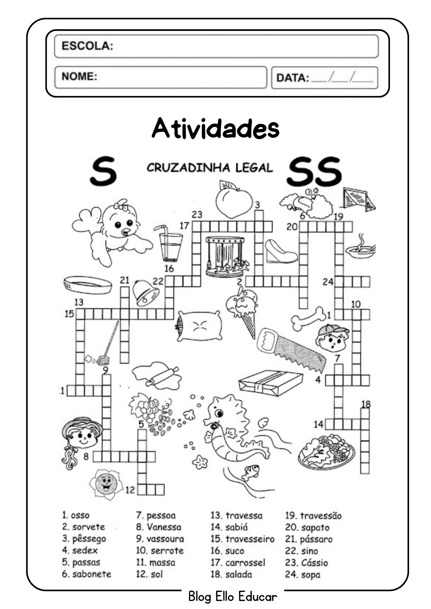 Cruzadinha com S e SS para Imprimir: Atividades Lúdicas
