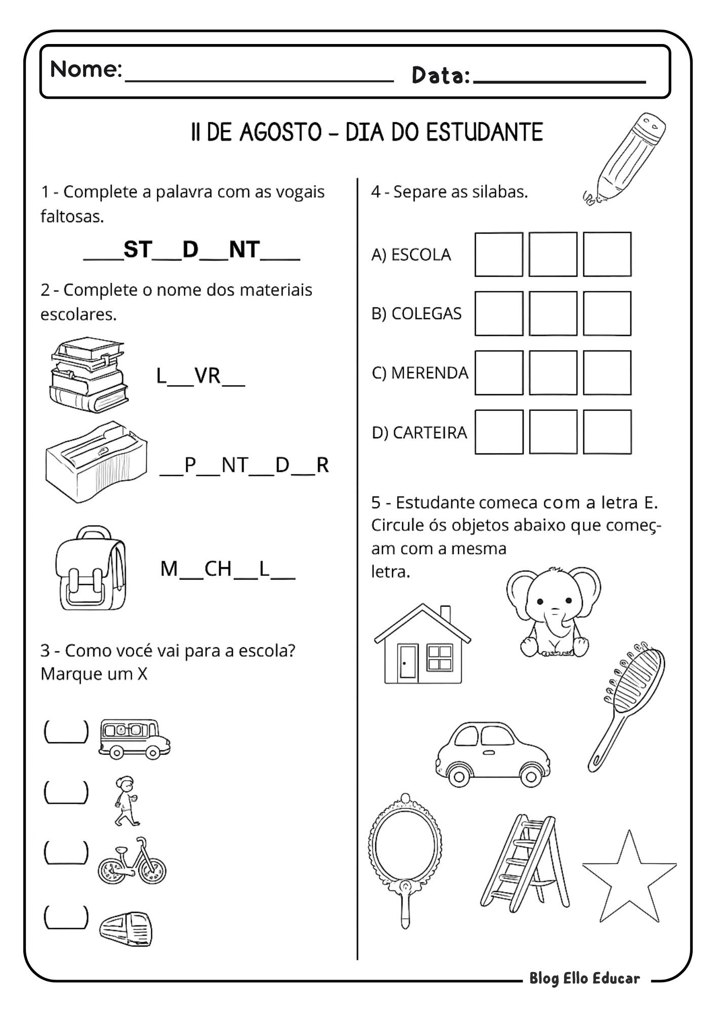Atividades para o Dia do Estudante no 1° ano para imprimir grátis