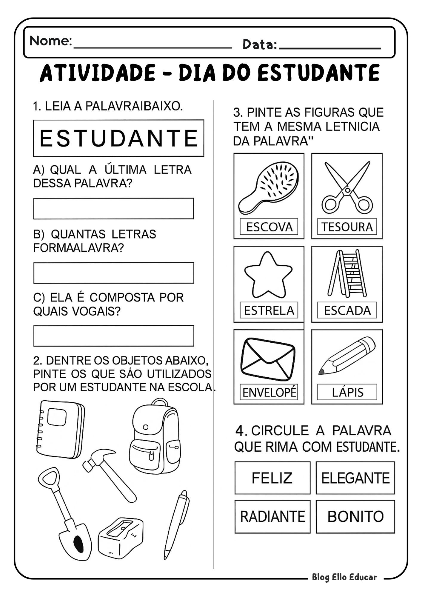 Atividades para o Dia do Estudante no 1° ano para imprimir grátis
