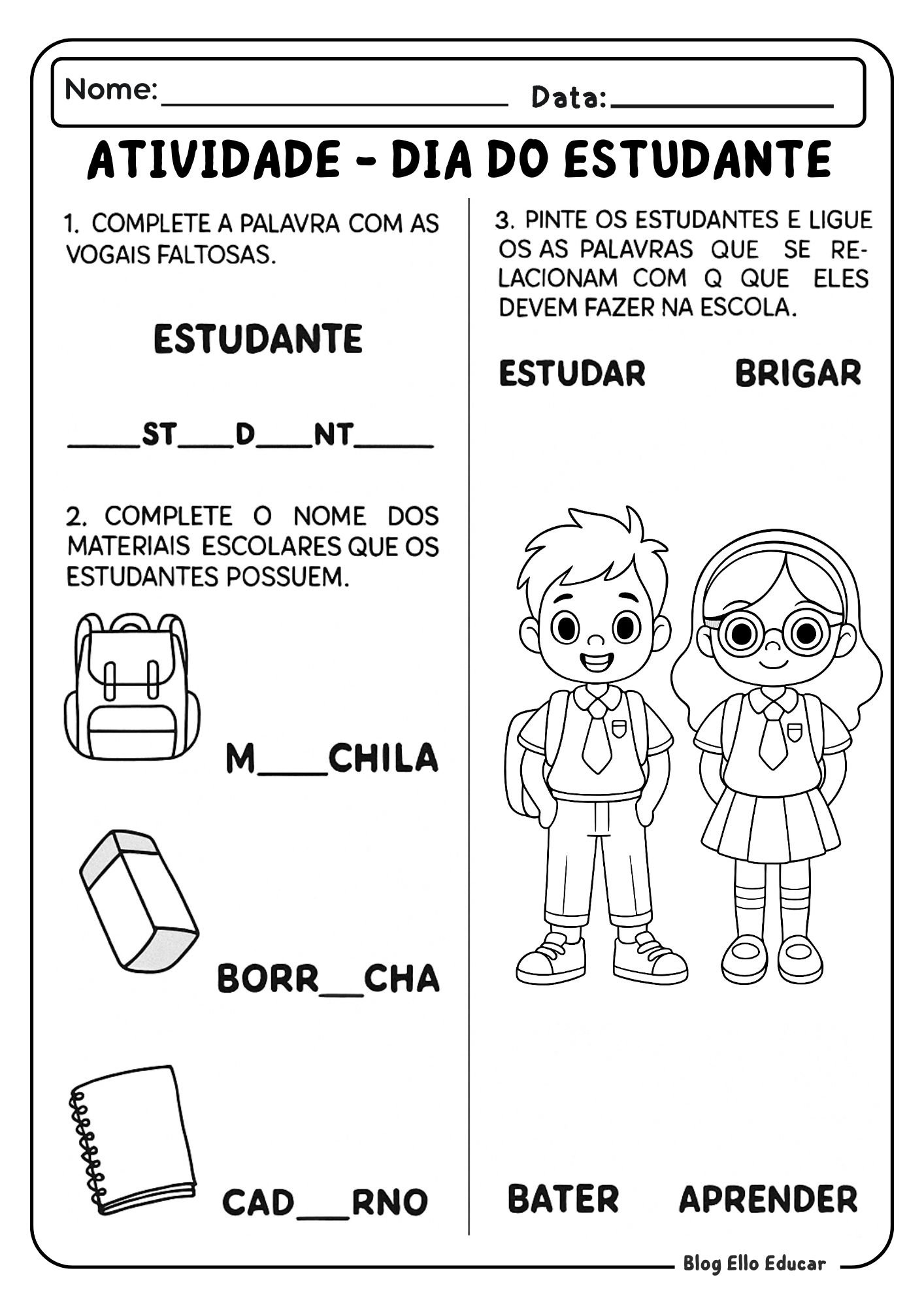 Atividades para o Dia do Estudante no 1° ano para imprimir grátis