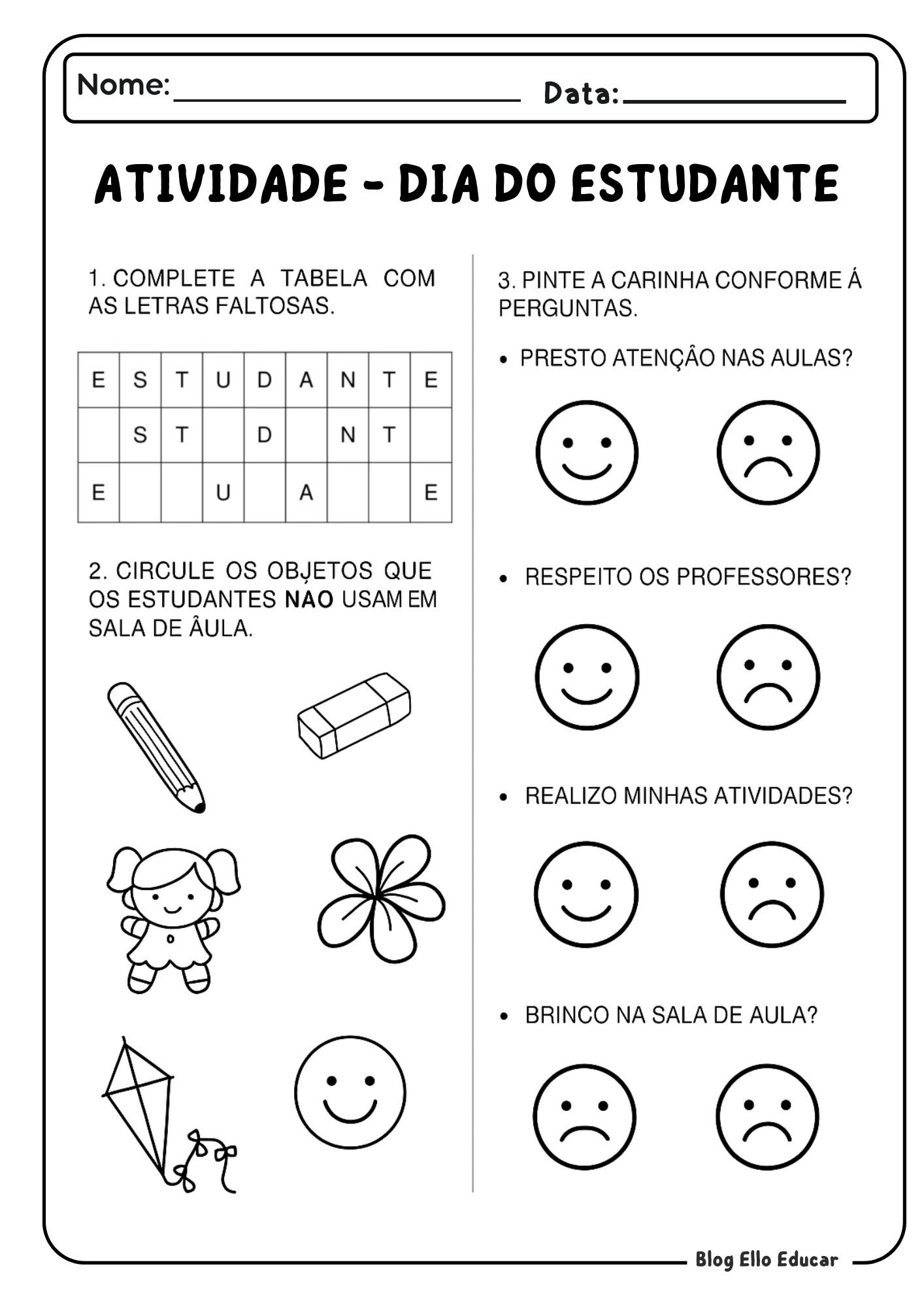 Atividades para o Dia do Estudante no 1° ano para imprimir grátis