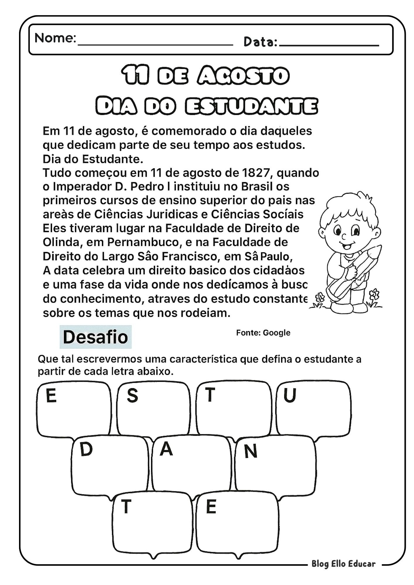 Atividades para o Dia do Estudante 4° e 5° ano para imprimir