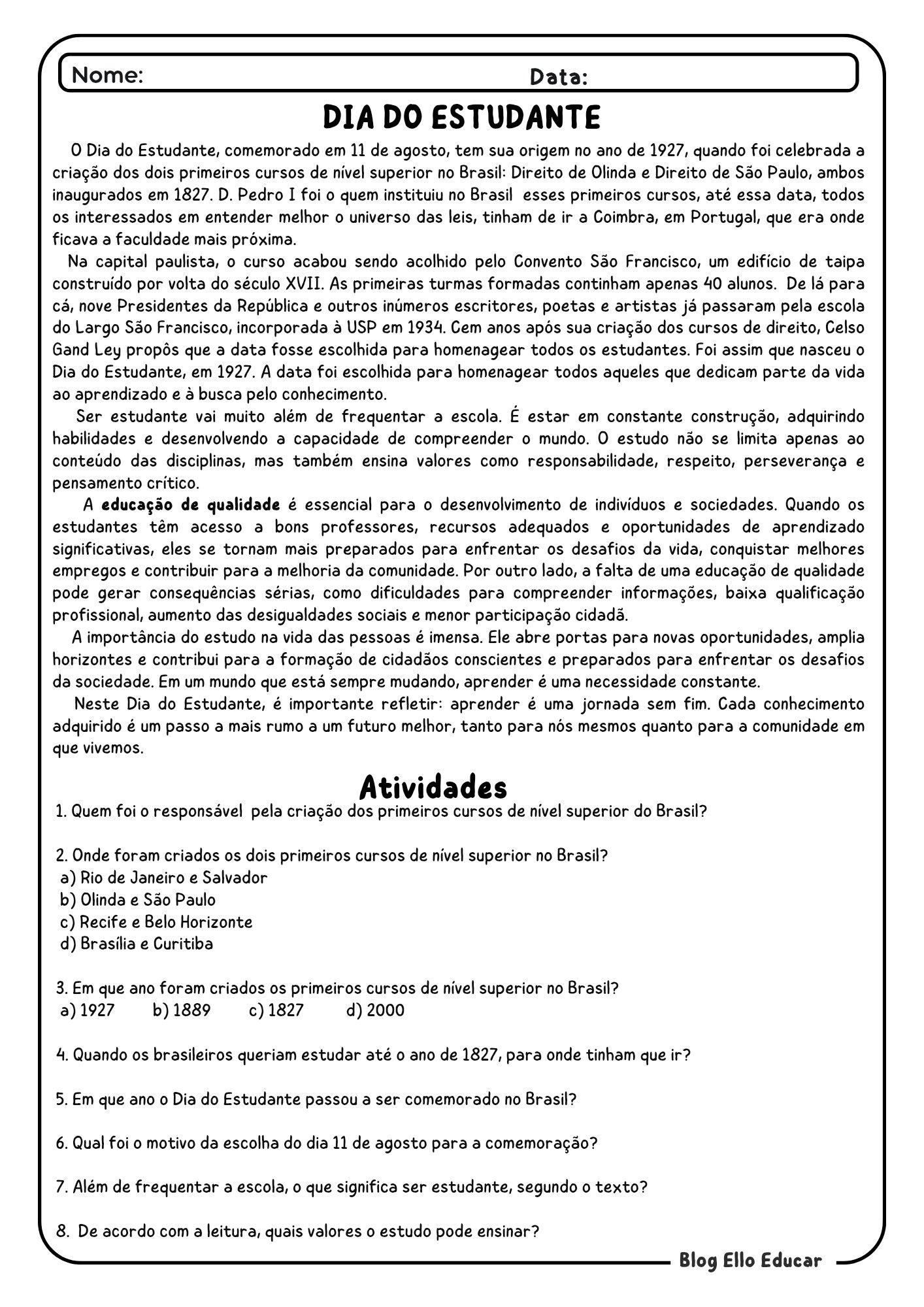 Atividades para o Dia do Estudante 8º e 9º ano para imprimir grátis