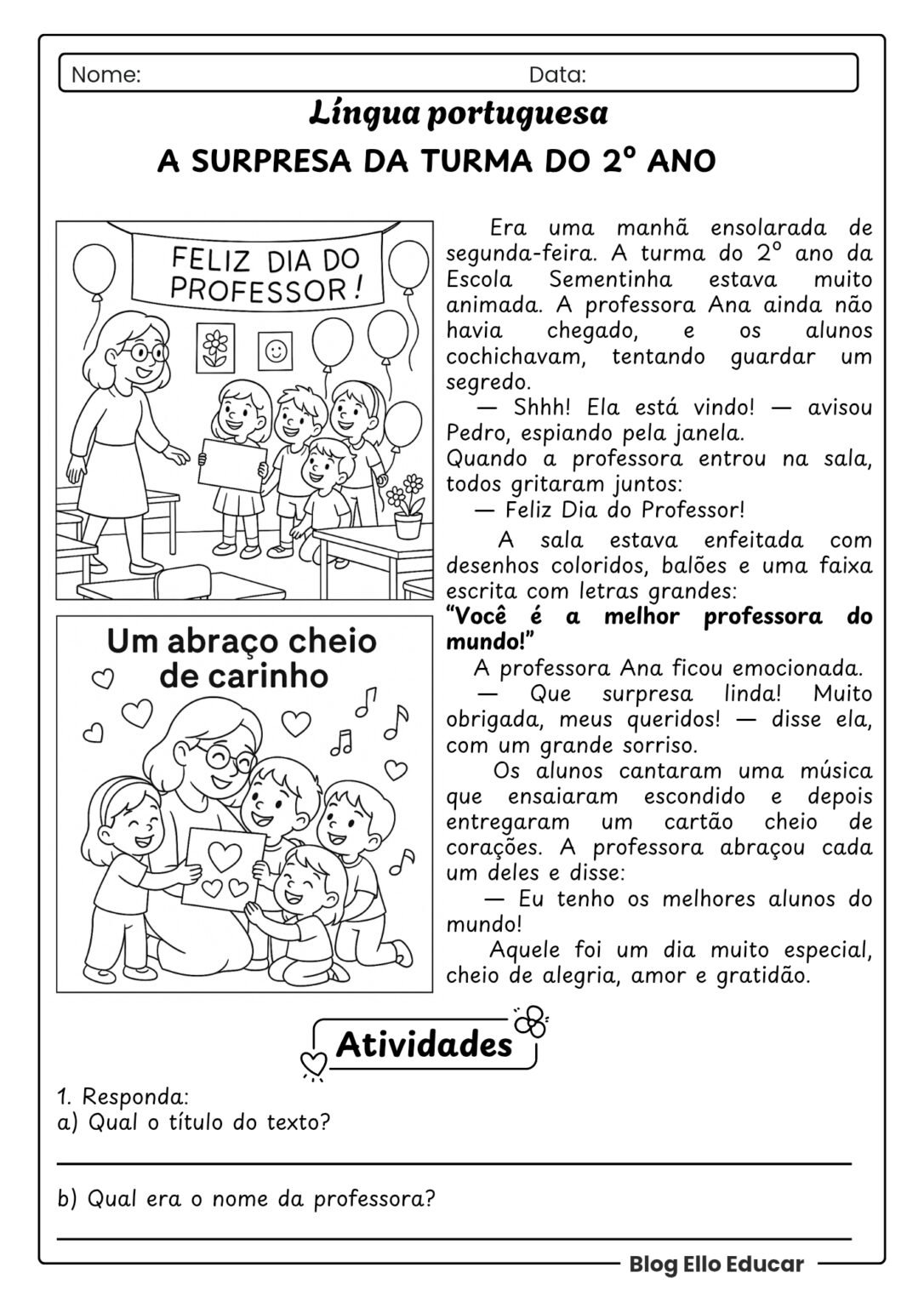 Atividades do Dia do Professor 2° ano: Material grátis com Plano de Aula