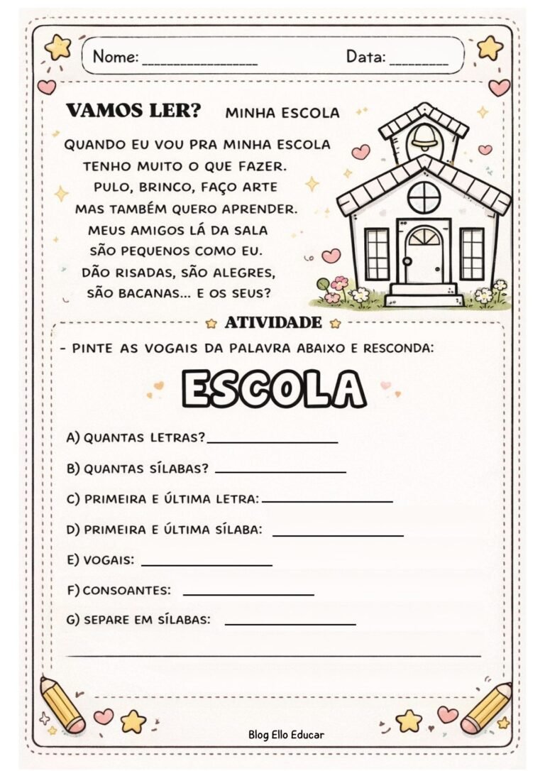 Atividades Dia Da Escola 1° Ano Material Gratuito Em Pdf Ello Educar
