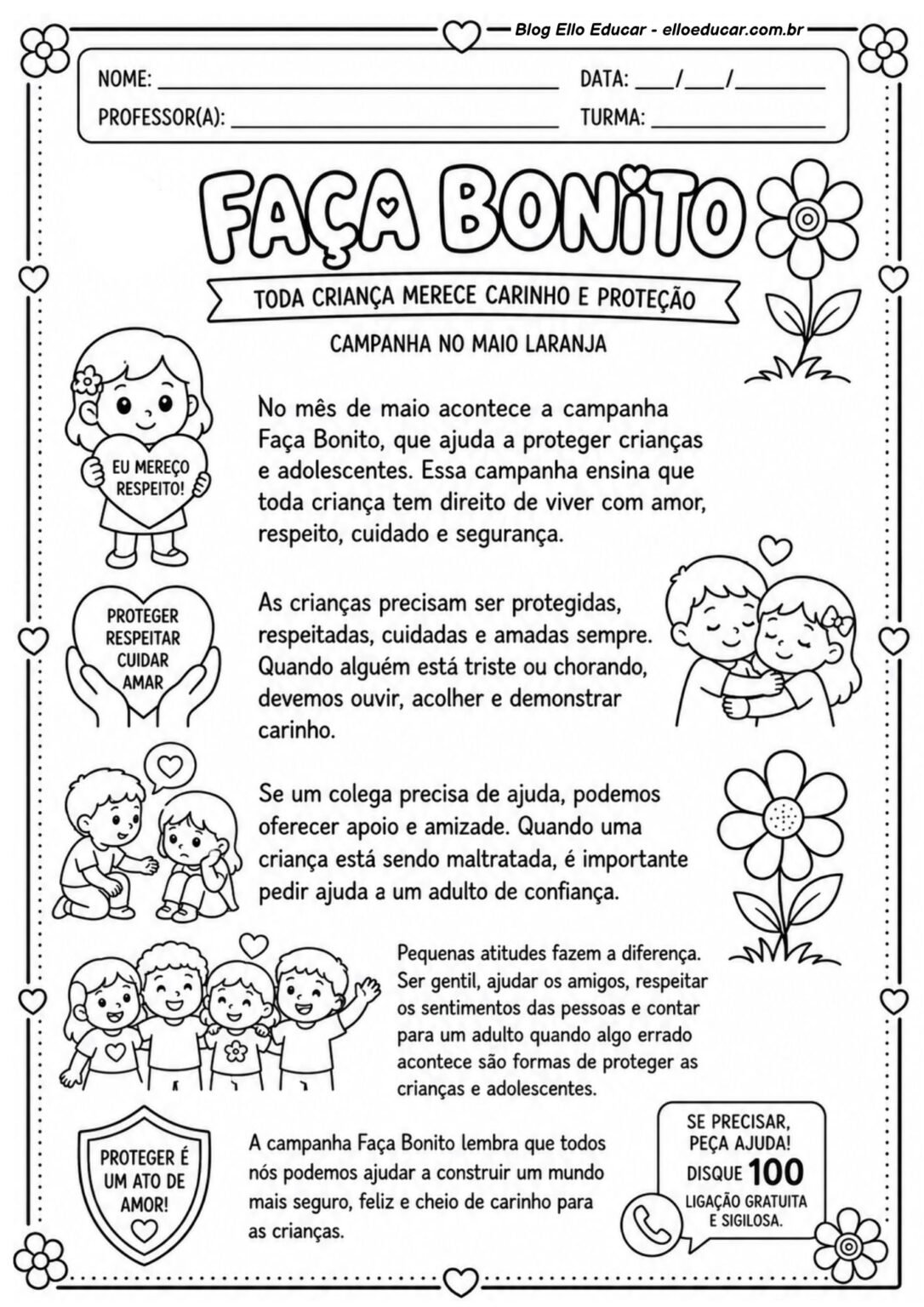 Atividades para trabalhar a Campanha Faça Bonito para 3° ano